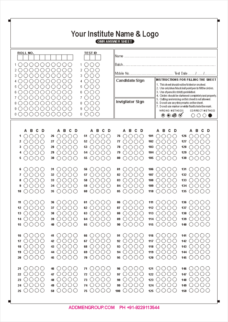 Numbered Blank Answer Sheets